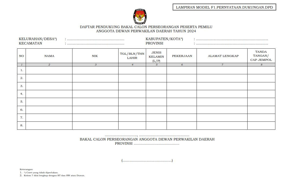 Formulir Daftar Pendukung Bakal Calon Perseorangan DPD - KPU