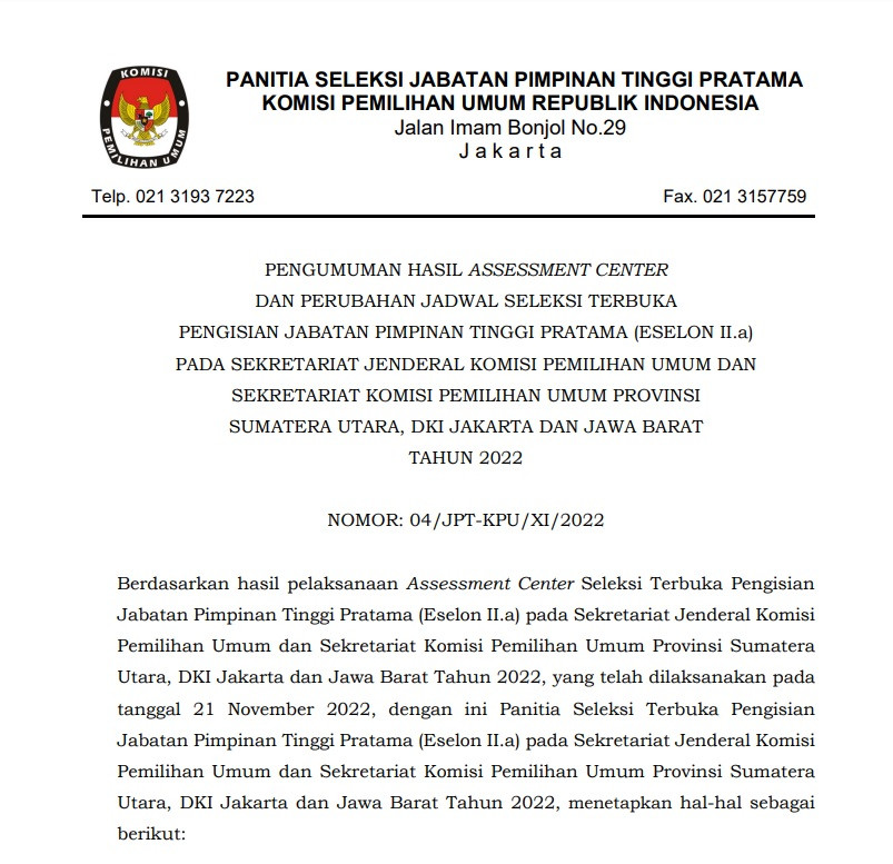 Pengumuman Hasil Assessment Center dan Perubahan Jadwal Seleksi Terbuka ...