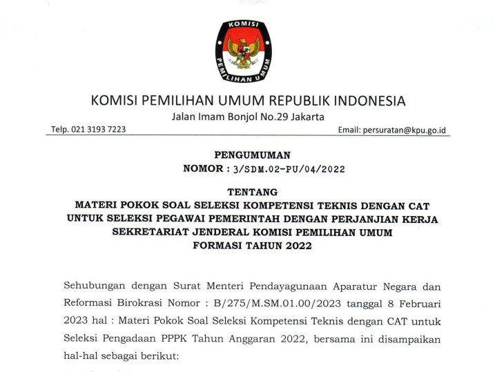 Pengumuman Materi Pokok Soal Seleksi Kompetensi Teknis dengan CAT untuk Seleksi PPPK Setjen KPU ...
