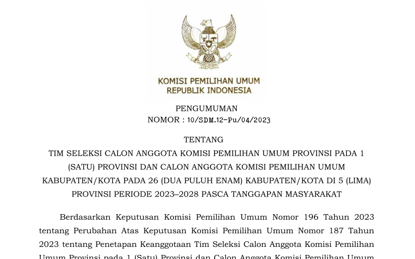Pengumuman Tentang Tim Seleksi Calon Anggota KPU Provinsi pada 1 (satu ...