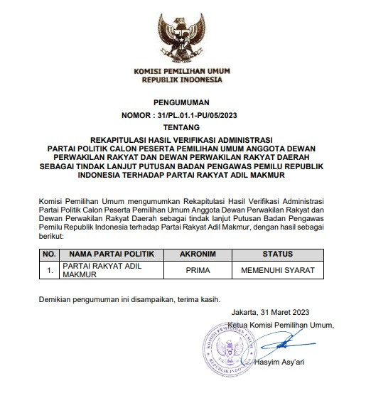Pengumuman Rekapitulasi Hasil Verifikasi Administrasi terhadap Partai ... Pengumuman Rekapitulasi Hasil Verifikasi Administrasi terhadap Partai ...