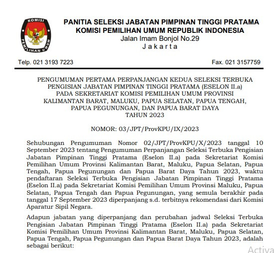 Pengumuman Pertama Perpanjangan Kedua Seleksi Terbuka Pengisian Jabatan