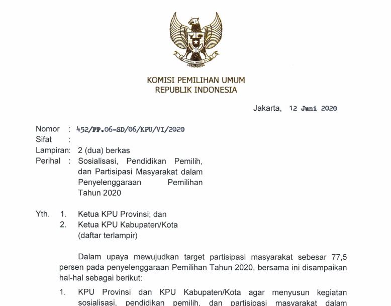 Surat KPU No. 452 Perihal Sosialisasi, Pendidikan Pemilih, dan ...