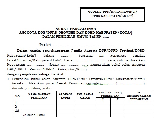 Formulir Pencalonan Anggota DPR, DPRD Provinsi dan DPRD Kabupaten/Kota dalam Pemilu 2019 - KPU